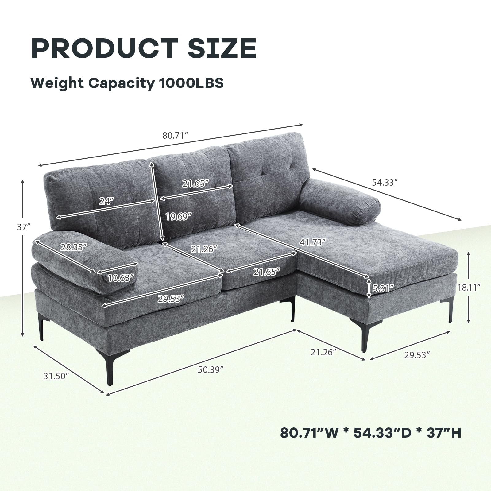80 Inch Sectional Sofa, Modern Comfy Chenille L Shape Sofa with Chaise Lounge 3 Seat Sleep Sofa with Fluffy Armrests Deep Seat Sofa for Living Room Small Space Apartment(Grey)