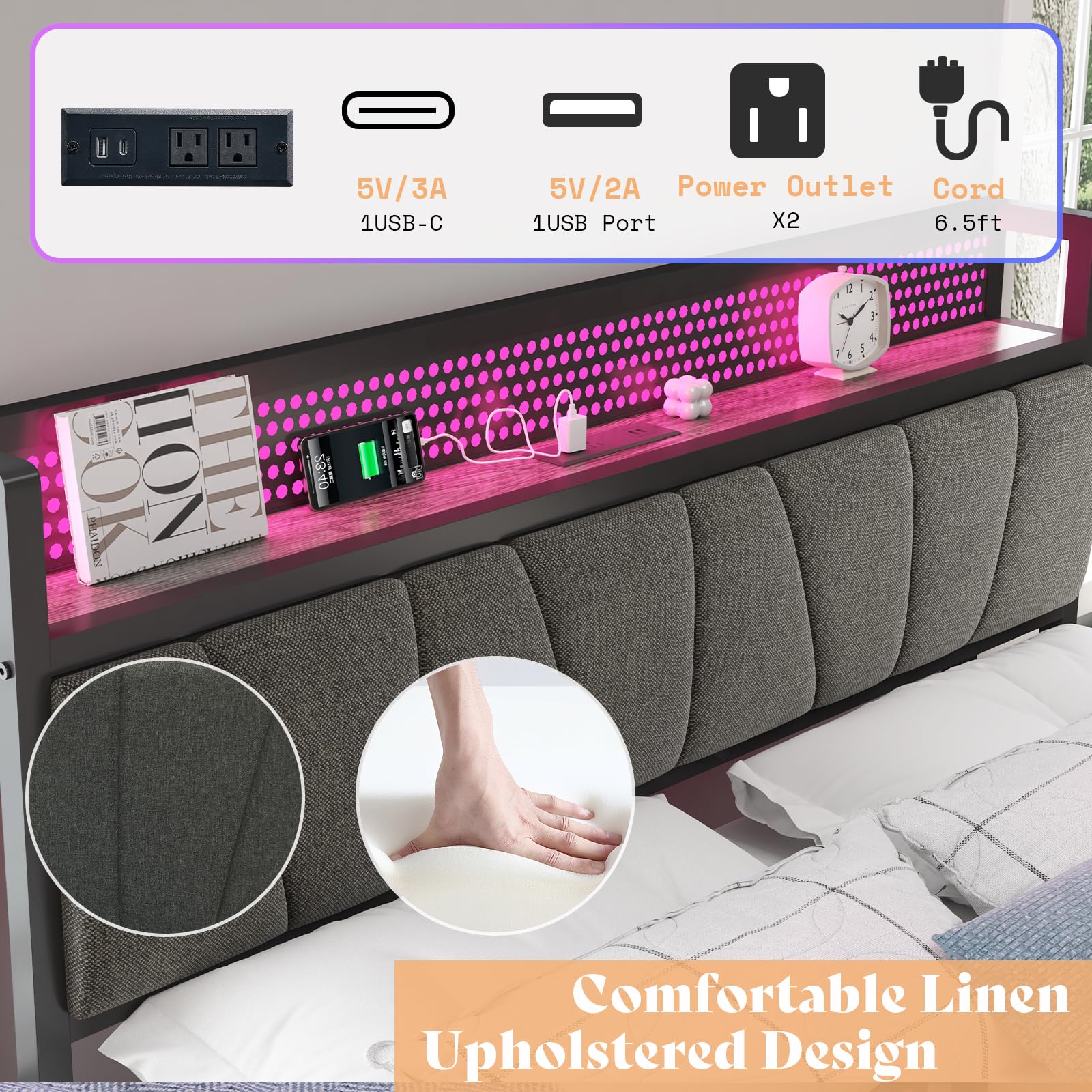 AMERLIFE Queen Size Lift Up Bed Frame with Linen Upholstered & LED Light & Storage Headboard, Platform Bed Frame with Charging Station, No Box Spring Needed, Noisy Free, Rustic Grey