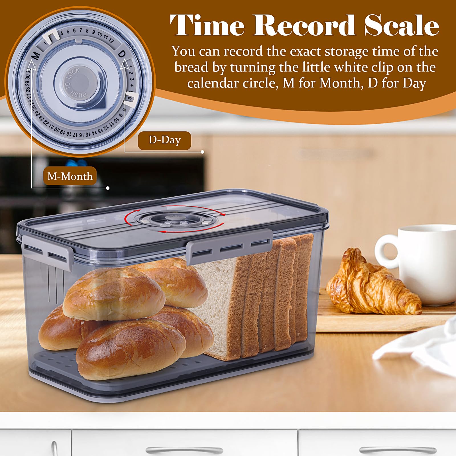 Bread Box Bread Storage for Homemade Bread, Airtight Bread Container Time Recording Bread Boxes for Kitchen Counter, Bread Keeper Bread Containers Storage Airtight Loaf, Grey