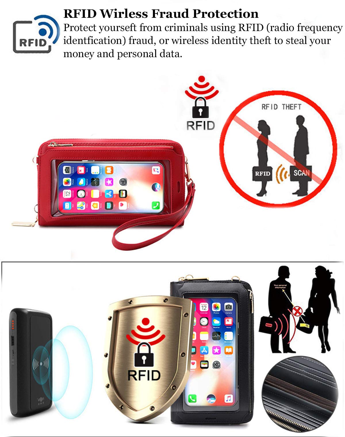 Formva Touch Screen Crossbody Phone Bag, Mini Shoulder Handbags RFID Blocking Wallet Cellphone Purse with Strap and Credit Card Slots (Black)