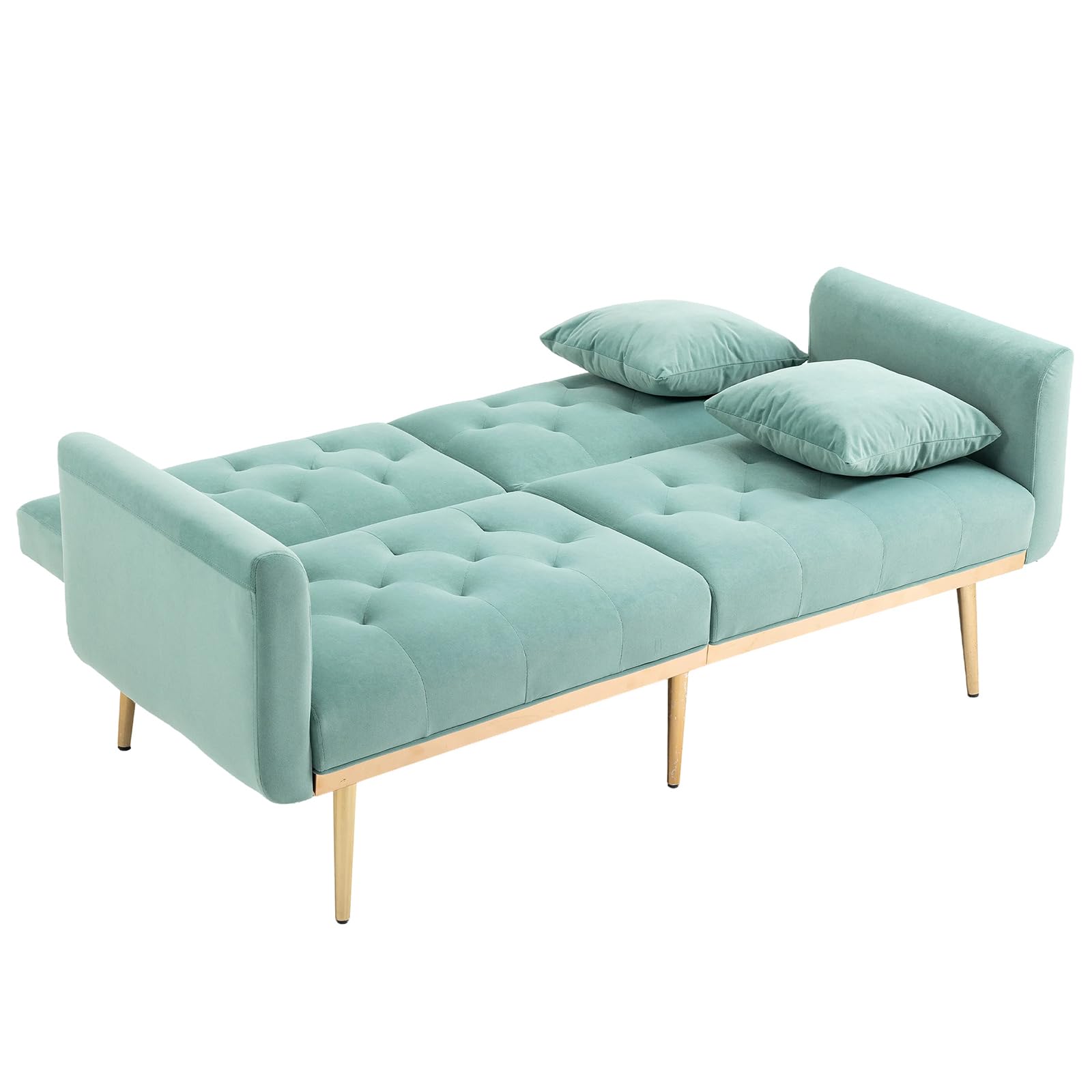 EXZLFA Velvet Sofa Couch,Convertible Sleeper Sofa Bed with Gold Metal Legs and 2 Pillows,Folding Futon Accent Upholstered Loveseat for Living Room Bedroom Office (Mint Green Polyester)