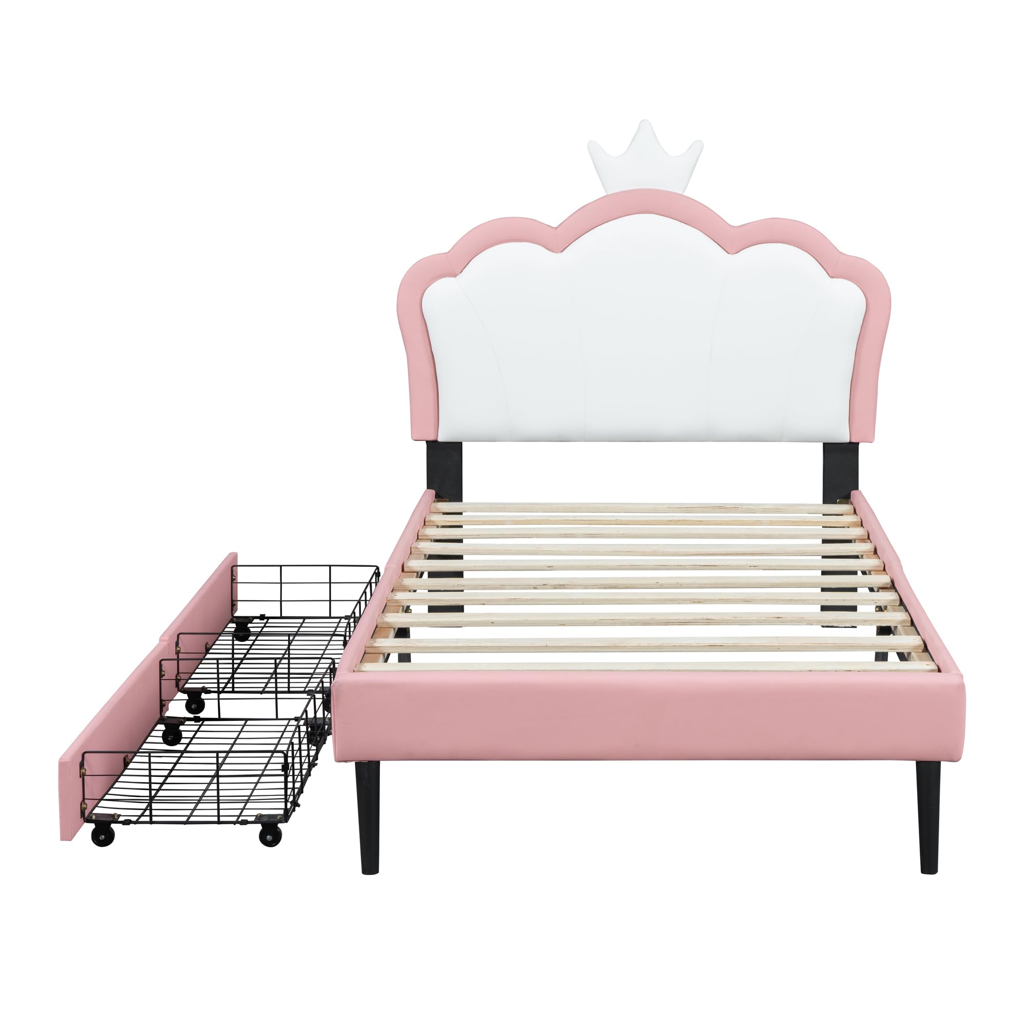 SOFTSEA Twin Size Princess Bed with Storage Drawers, Faux Leather Platform Bed with Crown Headboard for Kids Girls, No Box Spring Needed, Pink
