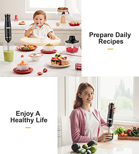 Facelle Immersion Hand blender 1000W, 4-in-1 Handheld Smoothie Blender Stick Blender with Chopper, Beaker, Whisk for Smoothie, shakes, Baby Food, Sauces Red, Puree, Soup