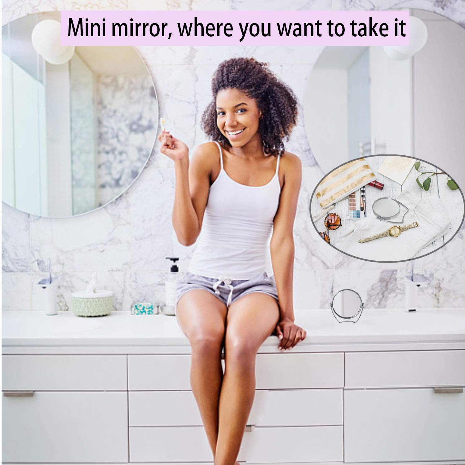 WMugthome Two-Sided 4-In/6-in with Handle Portable Round Makeup/Travel/Desk Mirror with 1X and 3X Magnification(Silver, 6inch)
