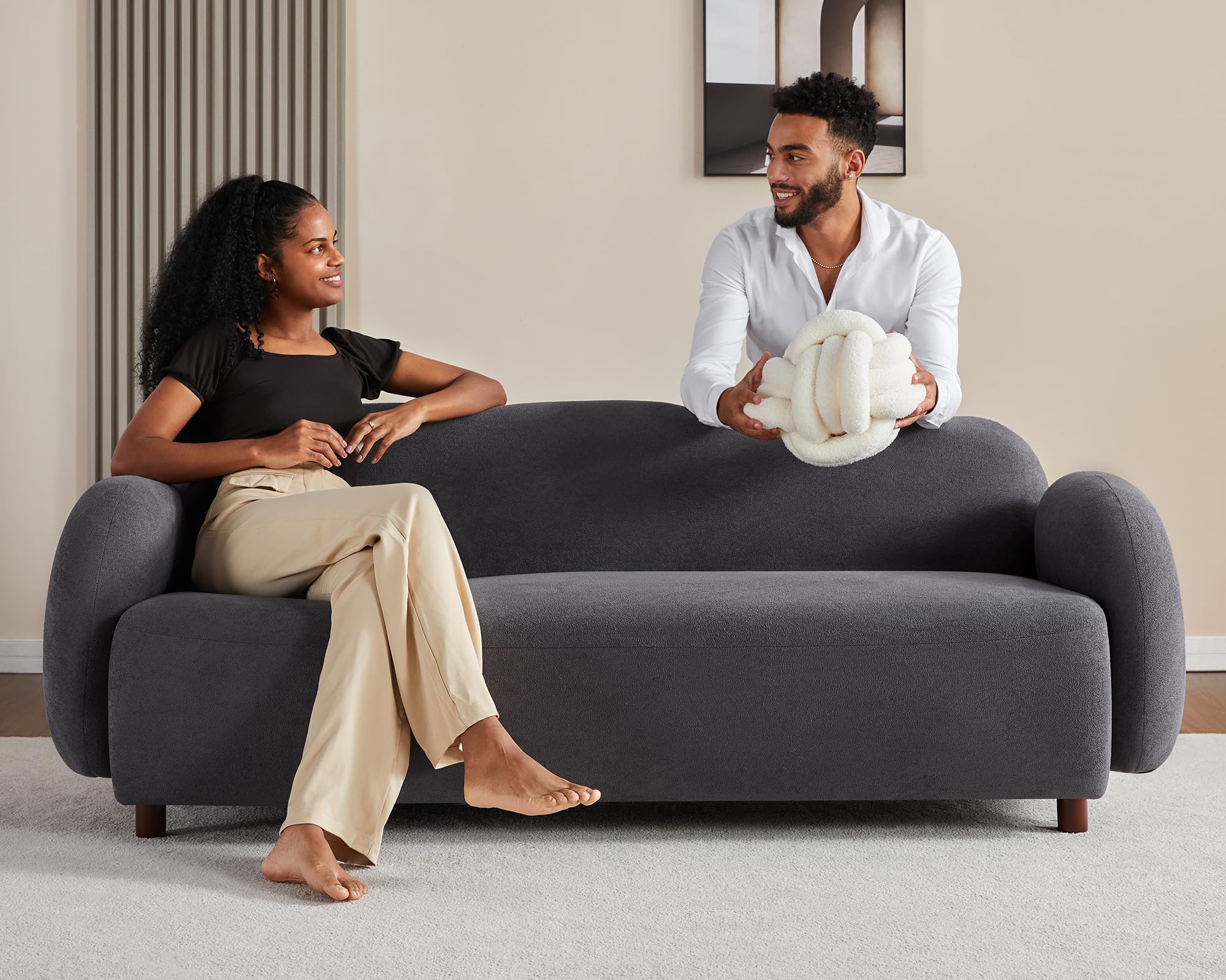 AMERLIFE Sofa, 3 Seater Cloud Couch, Curved Sofa with Soft Boucle Upholstery, Sofa Couch for Living Room, White Sofa