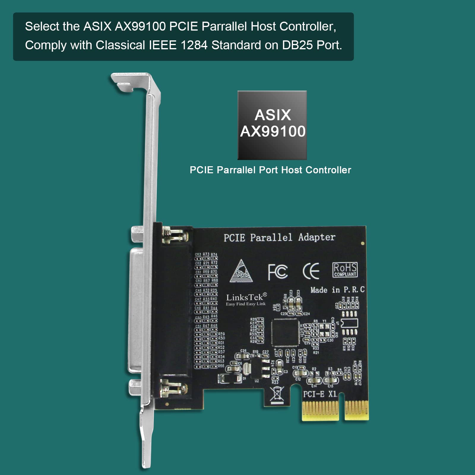 LinksTek 1-Port PCI Express Parallel Card for Printers, IEEE 1284 Standard DB25 LPT PCIE Parallel Port, Supports IEEE 1284 SPP, Nibble, Byte and ECP Mode, PCIE DB25 Parallel Port Card (PCIE-PA1)
