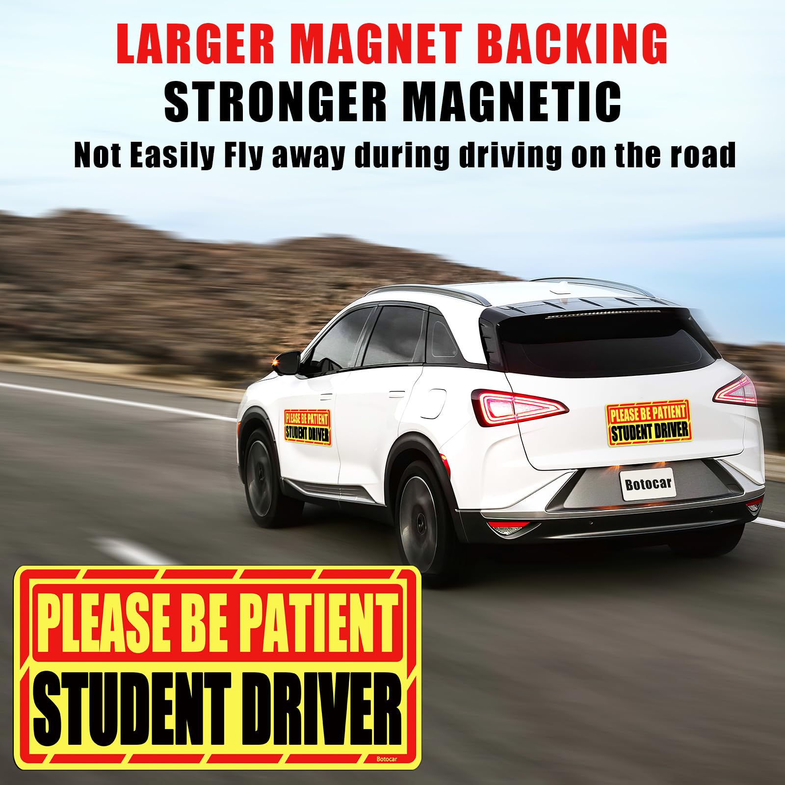 Botocar Student Driver Car Magnet, 2 Pack Super Large Please Be Patient Student Driver Signs for Car, Reflective New Driver Vehicle Bumper Magnetic Sticker, Novice Driver Safety Warning Sign, 12×6in