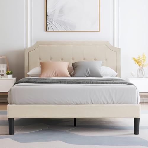 VECELO Full Size Platform Bed Frame with Fabric Upholstered Headboard and Wooden Slats Support, No Box Spring Needed/Easy Assembly,Beige