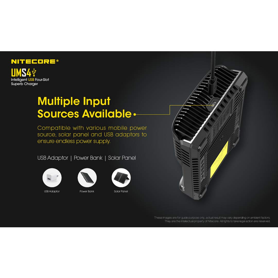 Nitecore UMS4 Intelligent USB Four Slot Quick Battery Charger for Li-Ion/Ni-MH/Ni-Cd/IMR 16340 14500 18650 21700 20700 AA AAA and More Batteries, with LumenTac Battery Organizer