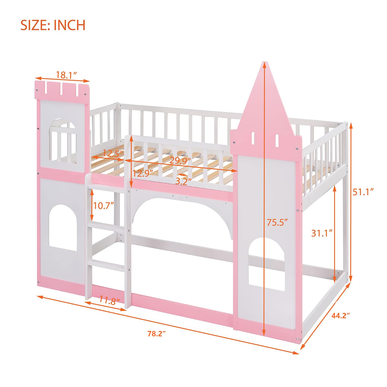 Harper & Bright Designs Twin Over Twin Kids Bunk Bed, Twin Loft Bed with Castle Shape Design, Wooden Floor Bunk Beds for Girls Boys Bedroom Dorm, Pink