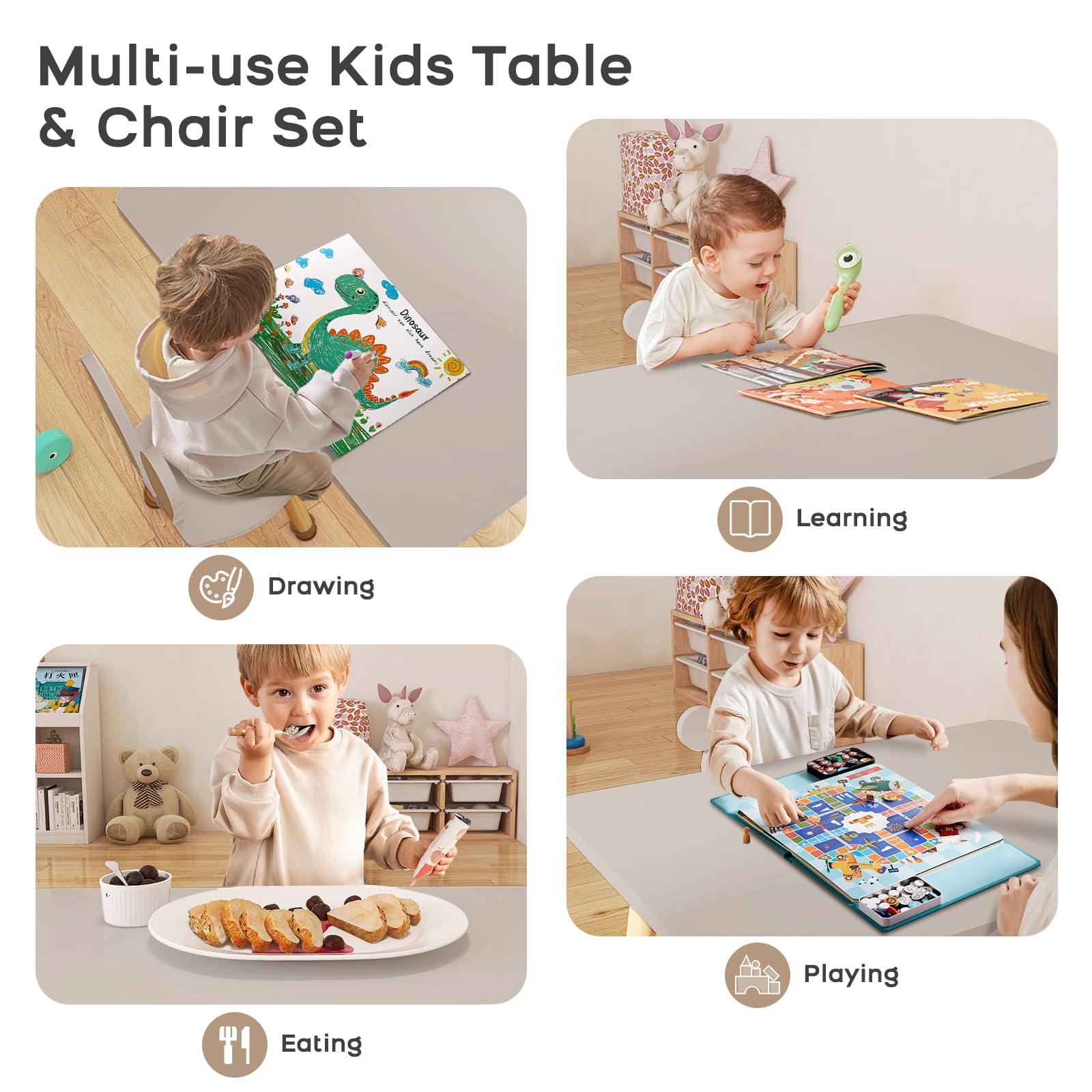 BanaSuper Table & Chair Set - Wooden Weaning Table with 4 Animal-Themed Chairs for Arts & Crafts, Snack Time, and Homework, Ideal for Learning & Development Furniture (Grey)