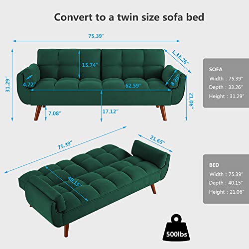 Betoko Convertible Futon Sofa Bed Sleeper Twin Size, Modern Reclining Linen Split Back Sofa Couch with Pillow Top Arm for Compact Living Room,Apartment (Green),(PTARMFUTON)