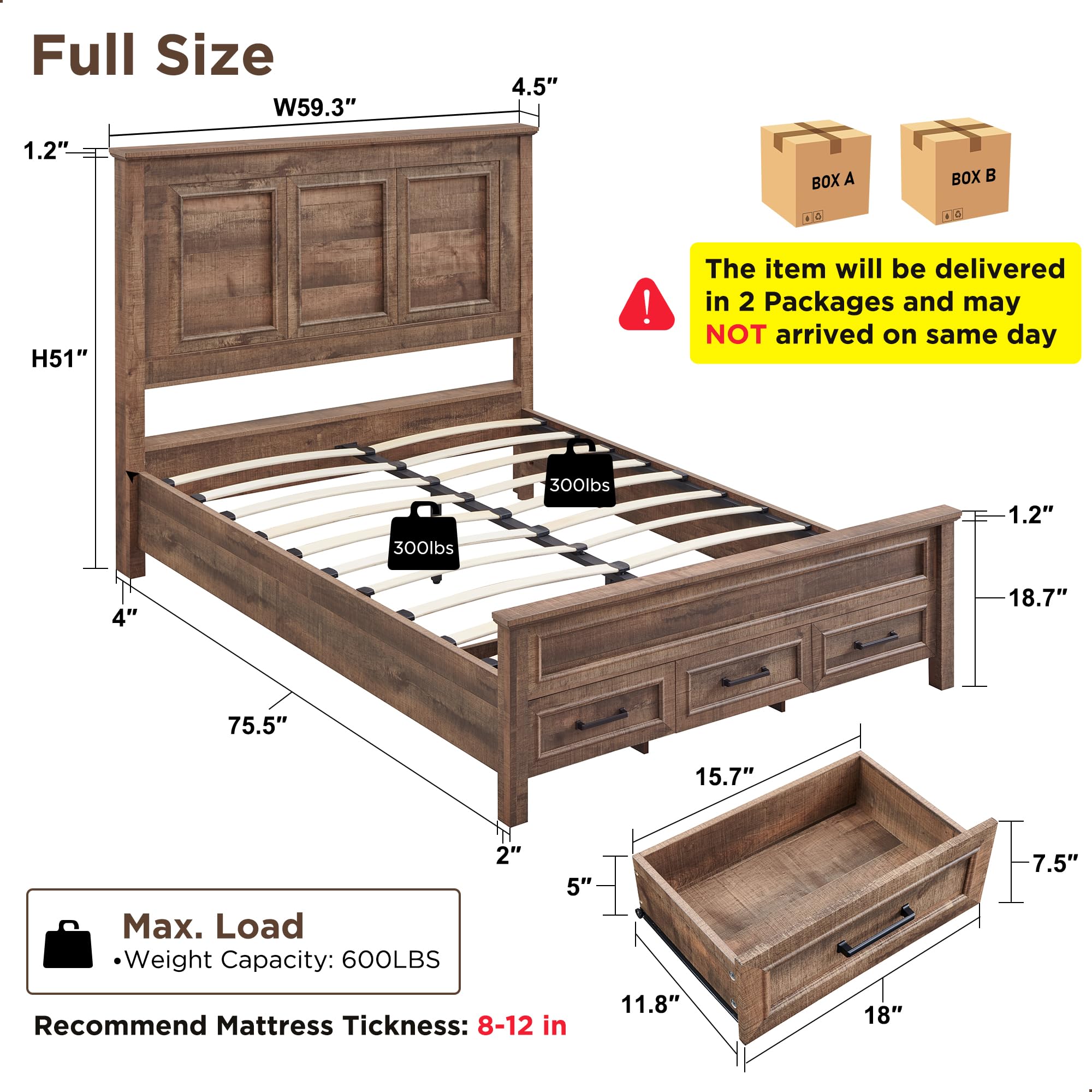 ACCOHOHO Farmhouse Full Size Bed Frame with 52" Tall Full-Panel Headboard, Wood Platform Bedframe with Footboard and Storage Drawers, No Squeak, No Box Spring Needed, Brown