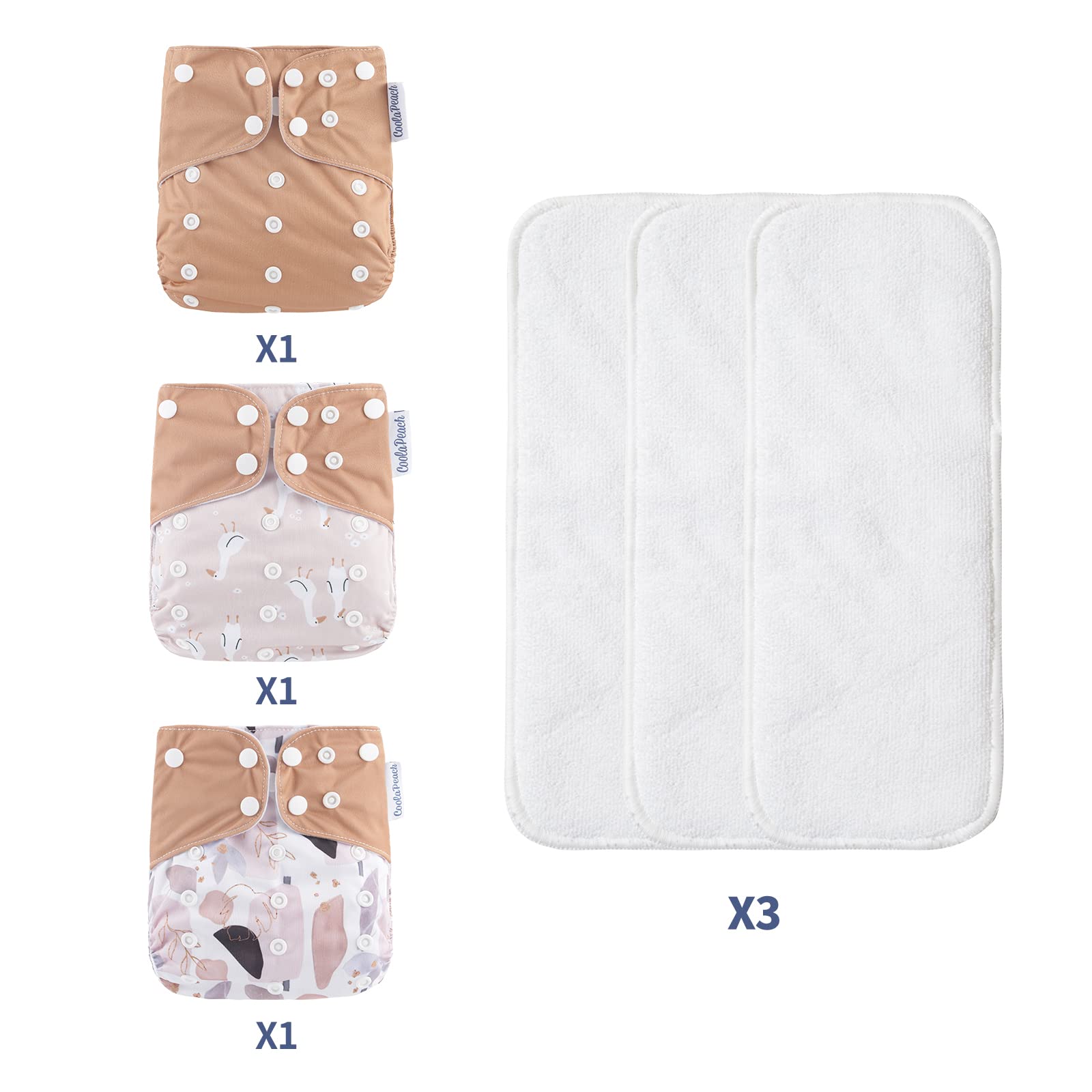 Baby Cloth Diapers One Size Adjustable Washable Reusable for Baby Girls and Boys 3 Pack with 3 Inserts