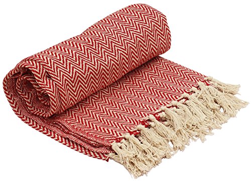 Hand-Woven Cotton Knit Throw Blanket - 100% Cozy Farmhouse Cotton Chevron – Cherry Red & White - Reversible with Tassels for Couch - Home Decor Furnishing Bed Chair Sofa Couch Gifts (65 x 52 Inch)