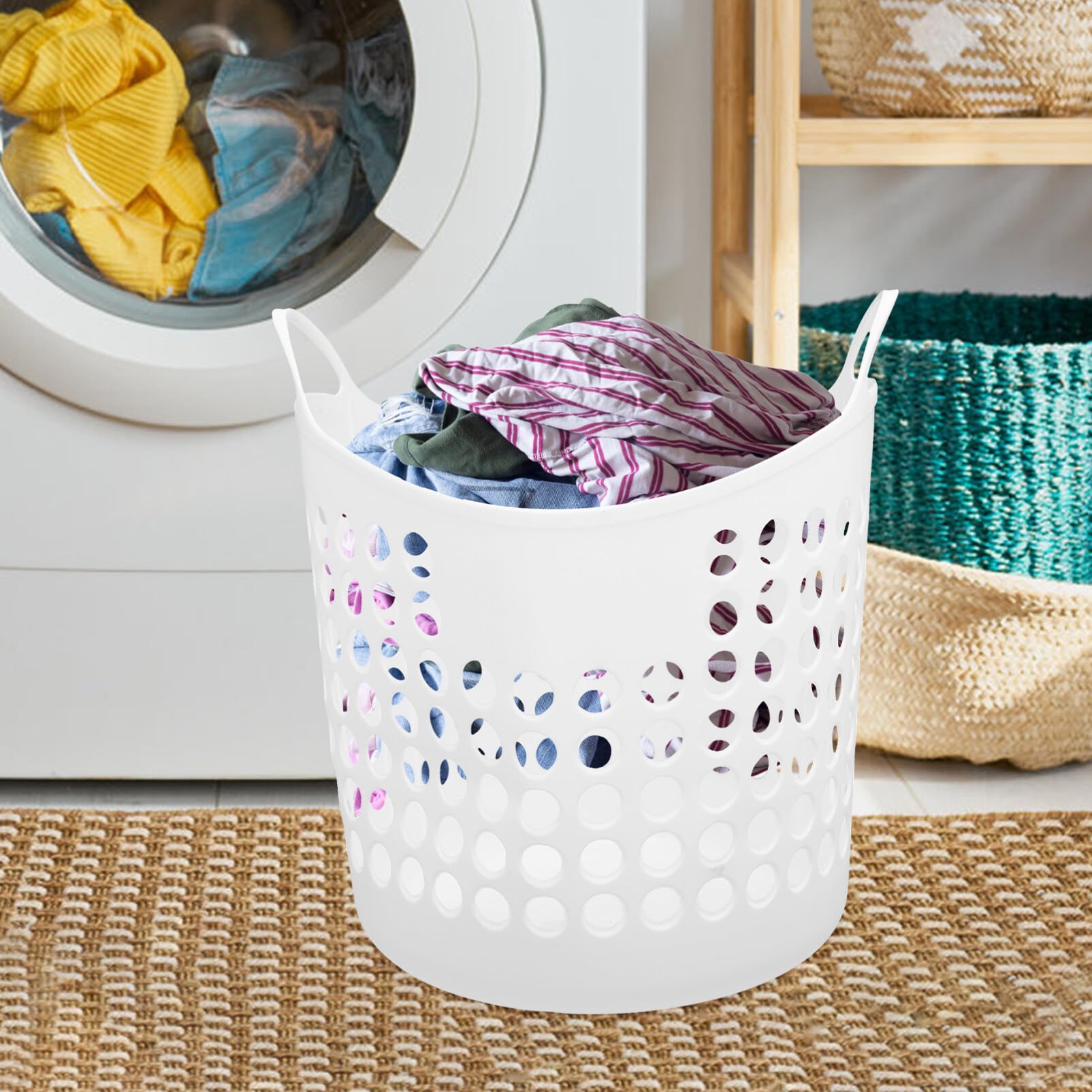 Amosfun Flexible Laundry Basket, Hollow Laundry Baskets With Handle Wide Mouth Hamper Plastic Dirty Clothes Storage Basket Toy Bin for Clothes Bedroom Storage, White 30L