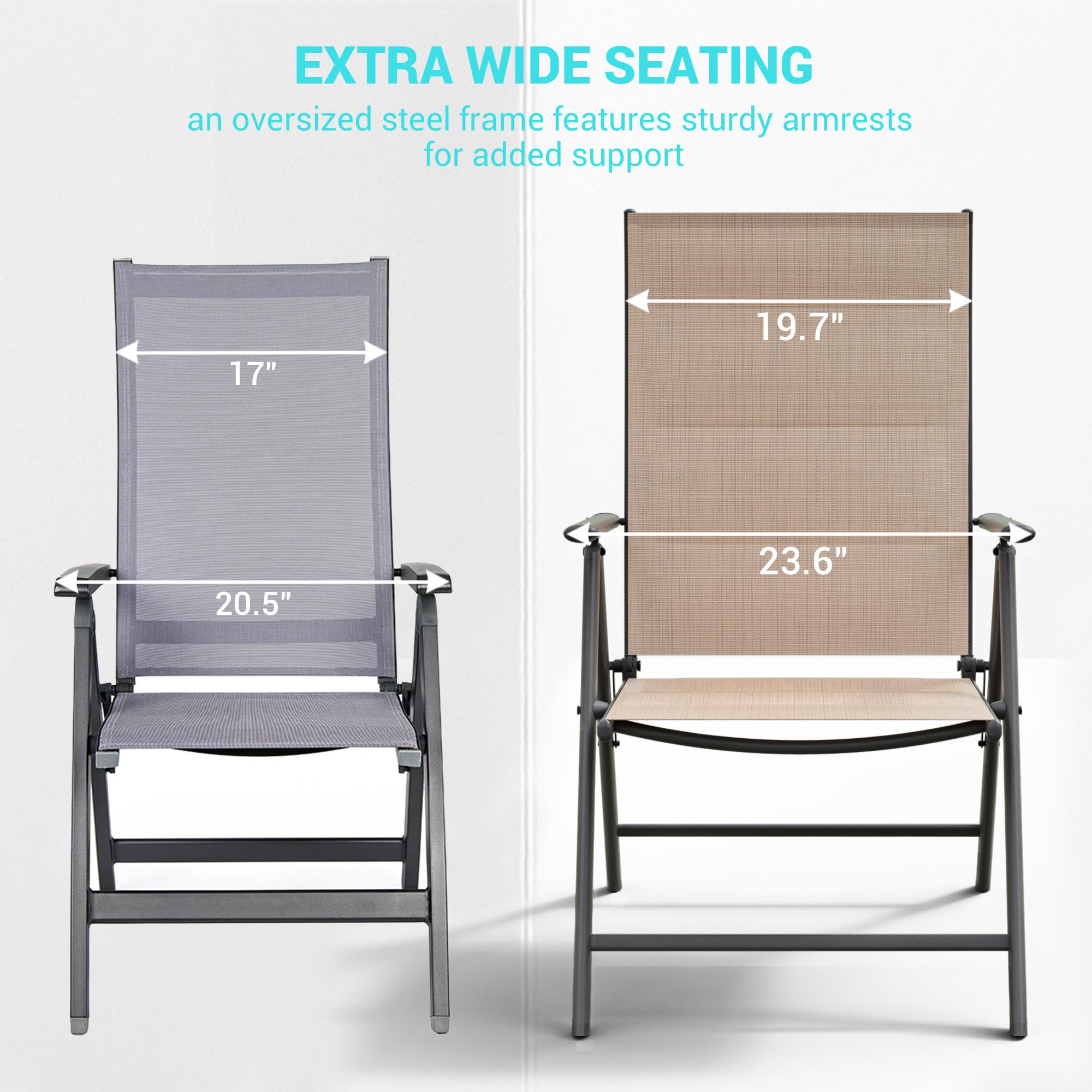 UDPATIO Patio Folding Chairs Set of 2, Folding Lawn Chairs with Adjustable Backrest, Padded All Weather Textilene, Heavy Duty Folding Chairs for Outdoor, No Assembly Required, Beige