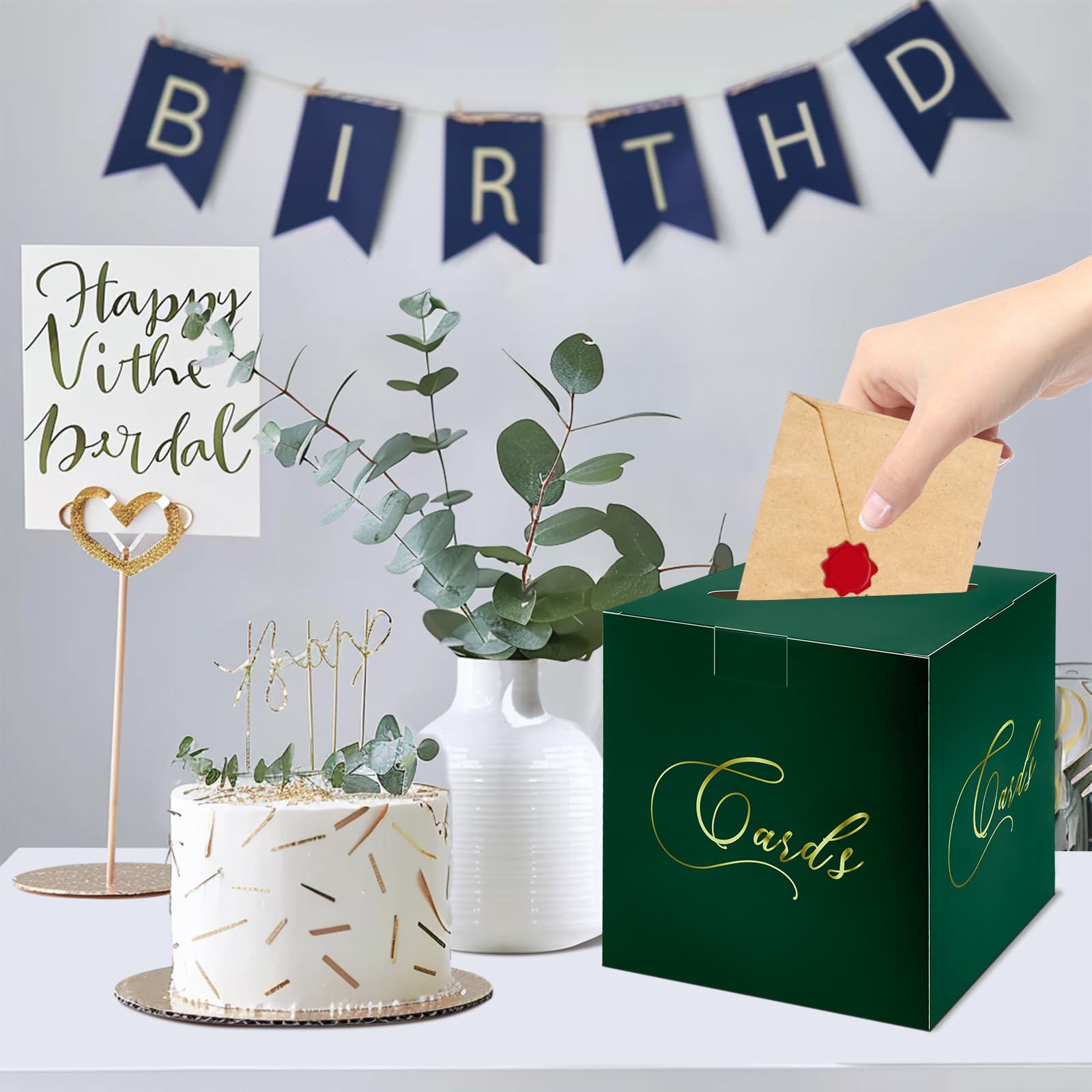 FALIZIFU Green and Gold Card Box Gift Card Box Holder Envelope Box for Wedding Birthday Baby Shower Graduation Party Card Box