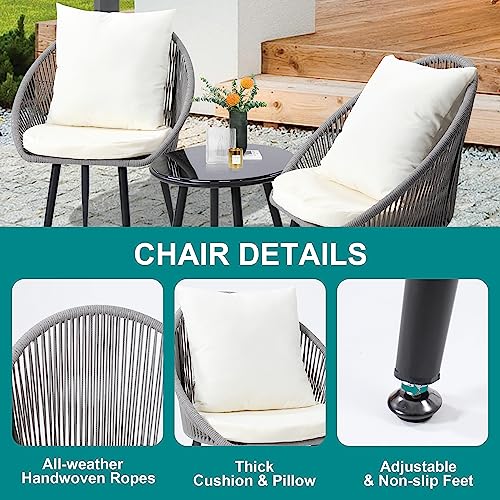 BETTAHOME 3 Piece Bistro Set, Patio Furniture Set with Cushion and Pillow, Outdoor Balcony Woven Chairs and Table, Grey and Black
