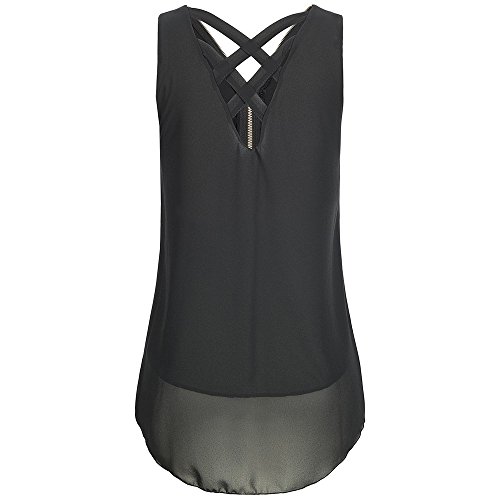 YOMXL Womens Cross Back Tank Vest Casual Tunic Tops Sleeveless V Neck Cuffed Pleated Zip Up Chiffon Tops Black