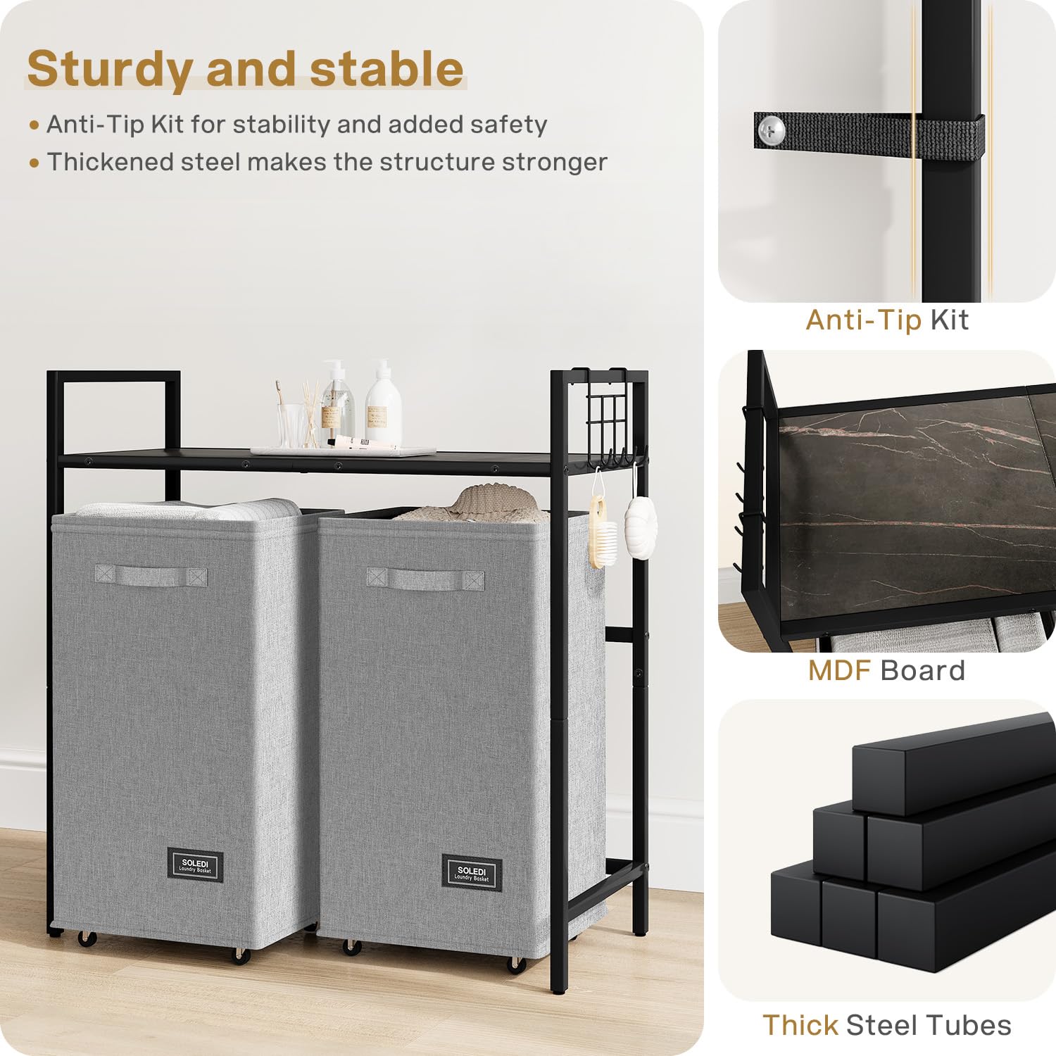 SOLEDI Double Laundry Hamper with Shelf, Rolling Laundry Basket with Wheels, Metal Frame Laundry Sorter Organizer, 120L Large Clothes Hamper for Laundry Room Bathroom Brown