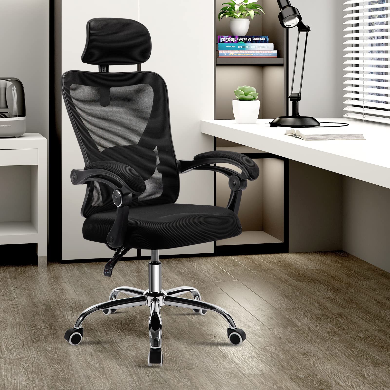 ACCHAR Ergonomic Office Chair, Reclining Mesh Chair, Computer Desk Chair, Swivel Rolling Home Task Chair with Padded Armrests, Adjustable Lumbar Support and Headrest (Black)