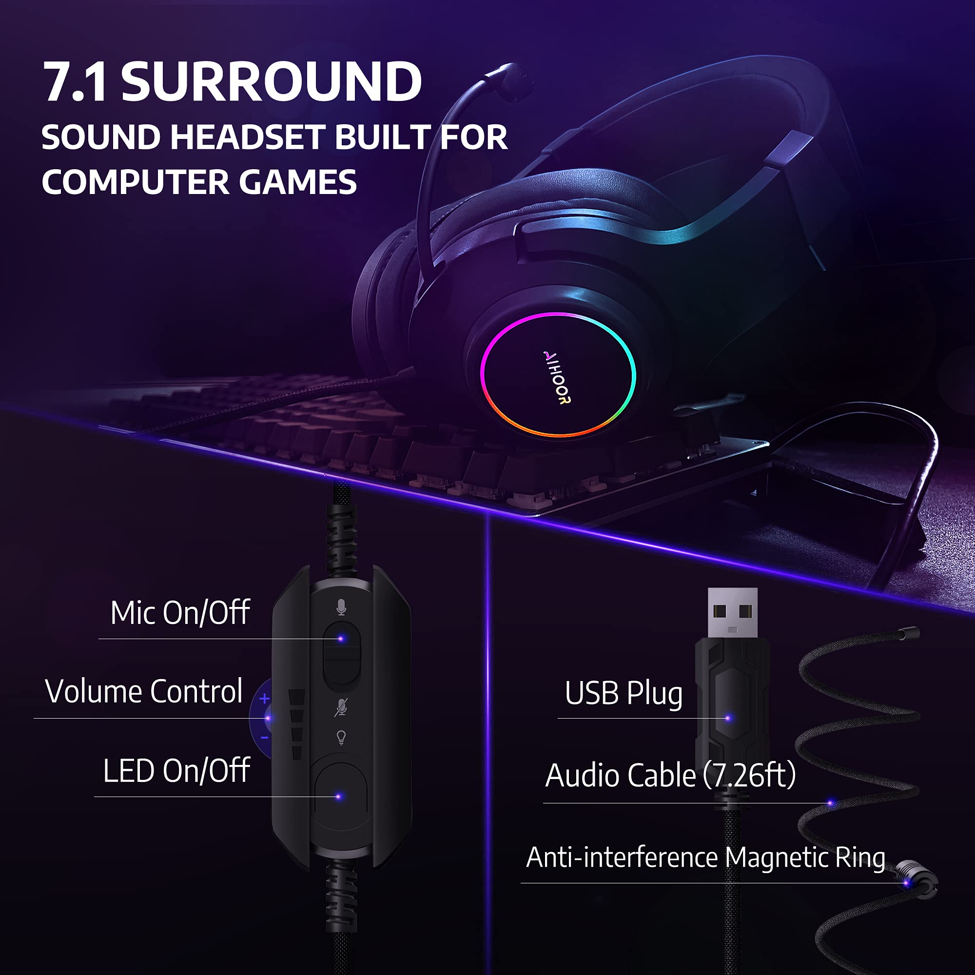 AIHOOR Gaming Headset with Virtual 7.1 Surround Sound,Over Ear Headphones,Noise Cancelling Microphone,Ultra-Low Latency Games & LED Light Soft Memory Protein Earmuffs for PC Mac Computer Games- Black