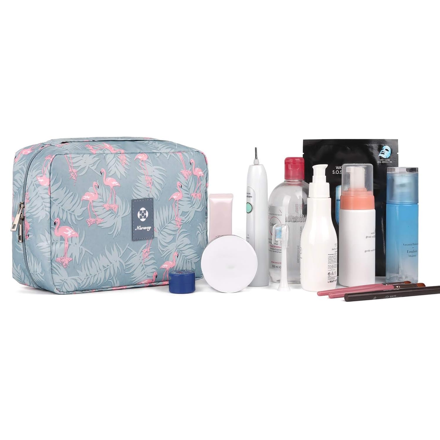Narwey Hanging Toiletry Bag for Women Travel Makeup Bag Organizer Toiletries Bag for Cosmetics Essentials Accessories (Flamingo)