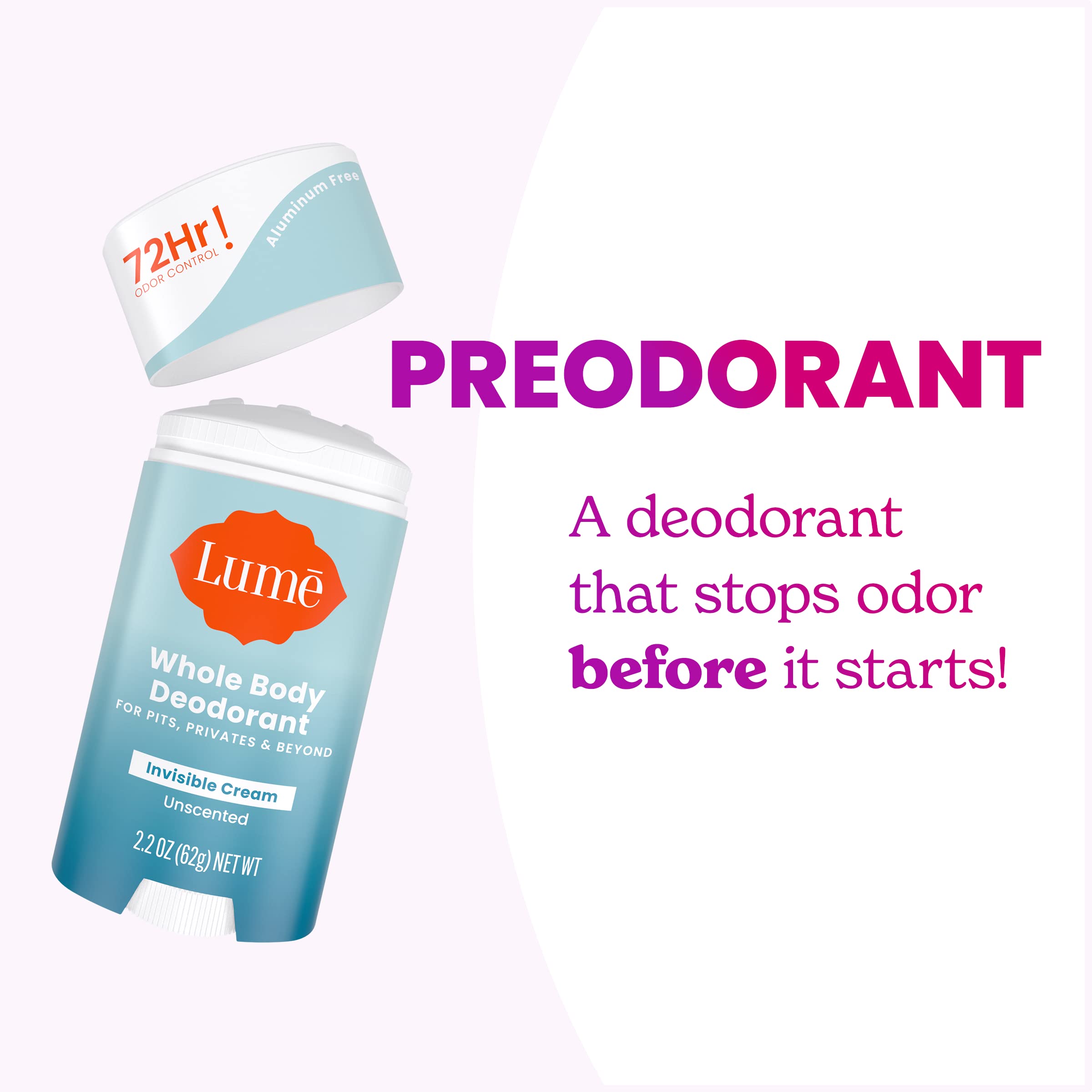 Lume Whole Body Deodorant - Invisible Cream Stick - 72 Hour Odor Control - Aluminum Free, Baking Soda Free, Skin Safe - 2.2 Ounce (Unscented)