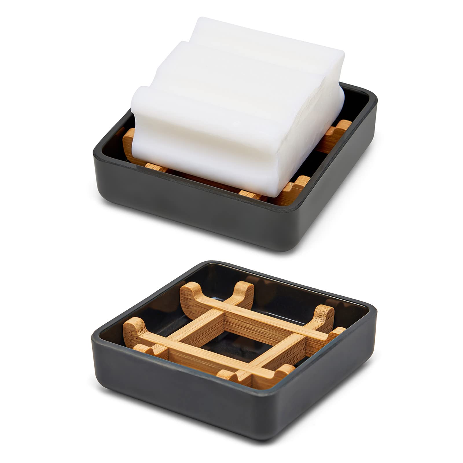 Wooden Bamboo Square Soap Dishes for Bar Soap Holder for Shower with Drain for Bathroom Small Soap Dish Detachable(Double Pack Right Angle Black)