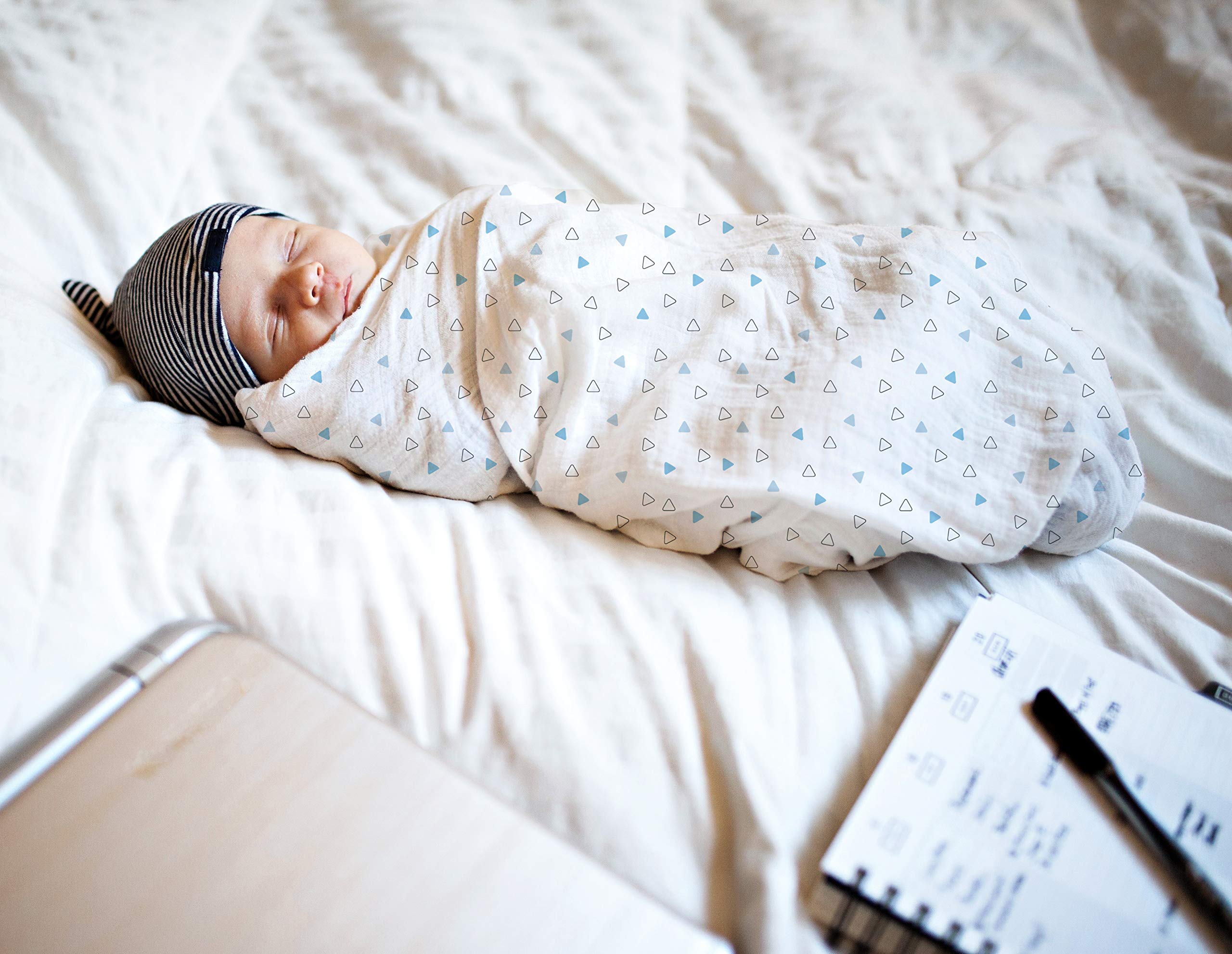 TWC Organic Muslin Swaddle Blankets for Baby | Cotton Double Layer Cloth - Super Soft, Absorbent | Large 44"x44" | Pack of 3 - Blue 3 Design
