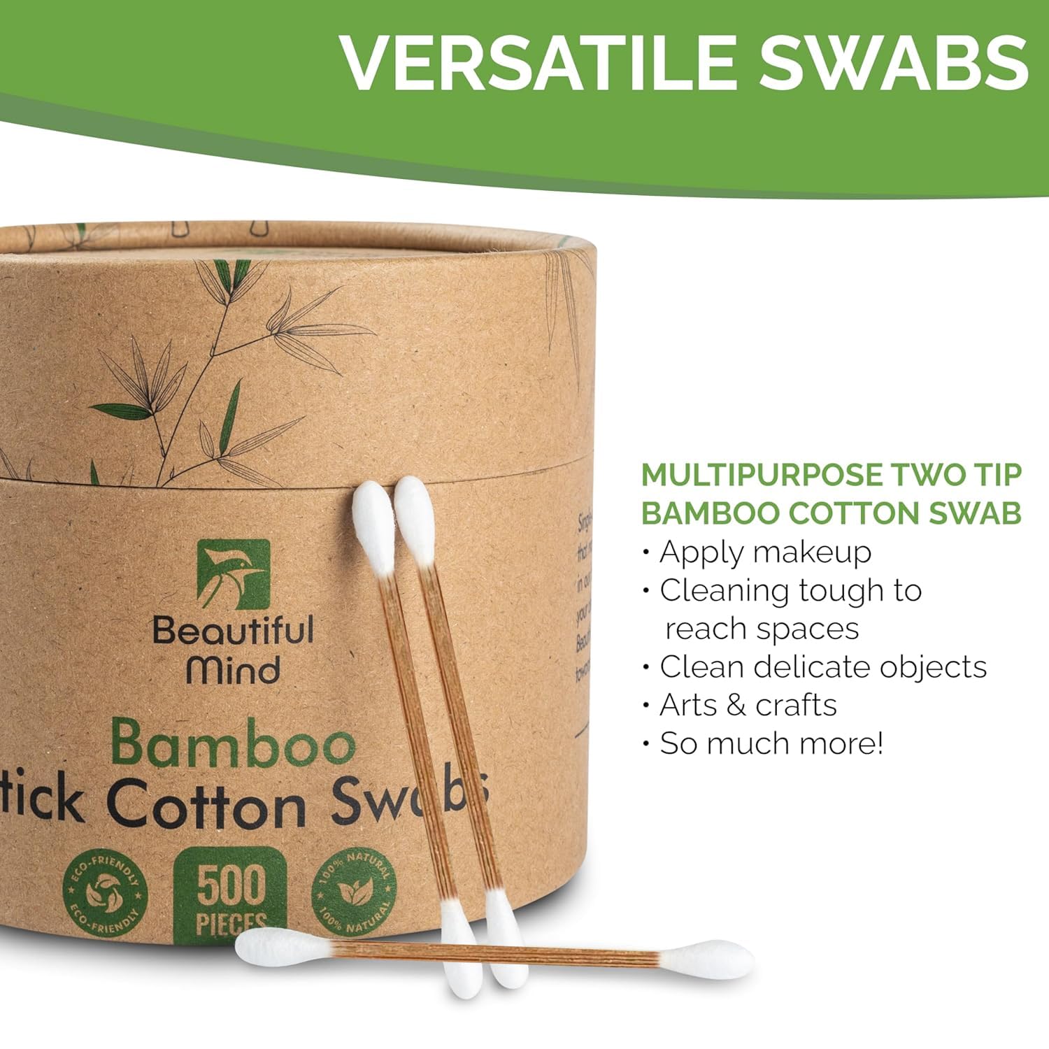 Beautiful Mind Bamboo Cotton Swabs for Ears – 500 Pack – Carbonized Bamboo Ear Swabs for Durability with Long Qtips – Eco-Friendly, Biodegradable & Vegan – 100% Organic Cotton Swabs for Makeup
