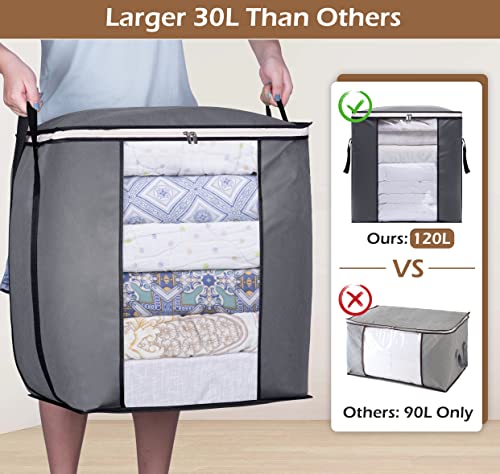 SLEEPING LAMB 120L Extra Large Blanket Storage Bags Breathable Clothes Storage Containers for King Comforter Bedding Pillow Sheet, Reinforced Handles, Grey