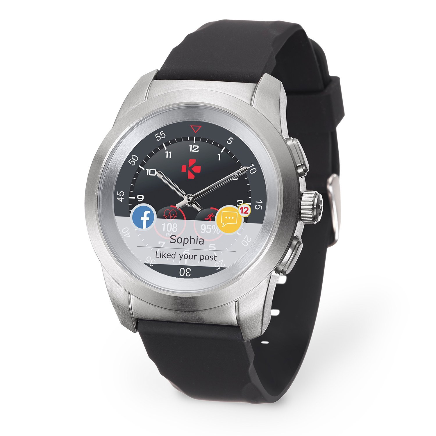MyKronoz ZeTime Original Hybrid Smartwatch 39mm with Mechanical Hands Over a Color Touch Screen – Brushed Silver/Black Silicon Flat - New Never Opened Box (Renewed)