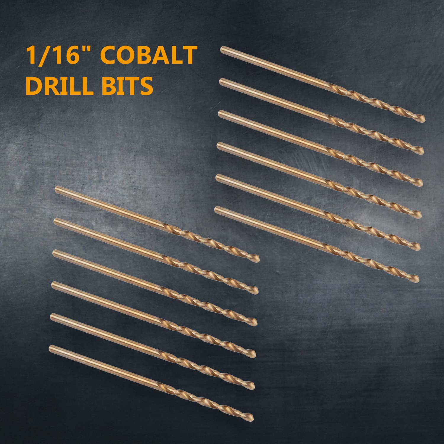 POWERTEC 1/16" Cobalt Drill Bits - 12 Pack - 1-3/4" Length - M35 HSS Jobber Length Twist Bits with 135° Tip for Drilling Wood, Metal, Stainless Steel, Nickel Alloy, Cast Iron & Plastic (QDB2013)