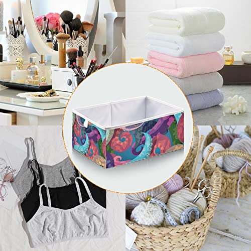 Colorful Octopus Tentacles On Blue Rectangular Collapsible Open Storage Bins, Foldable Toy Nursery Basket Bin Cloth Cube Organizer with Handles for Shelves Closet