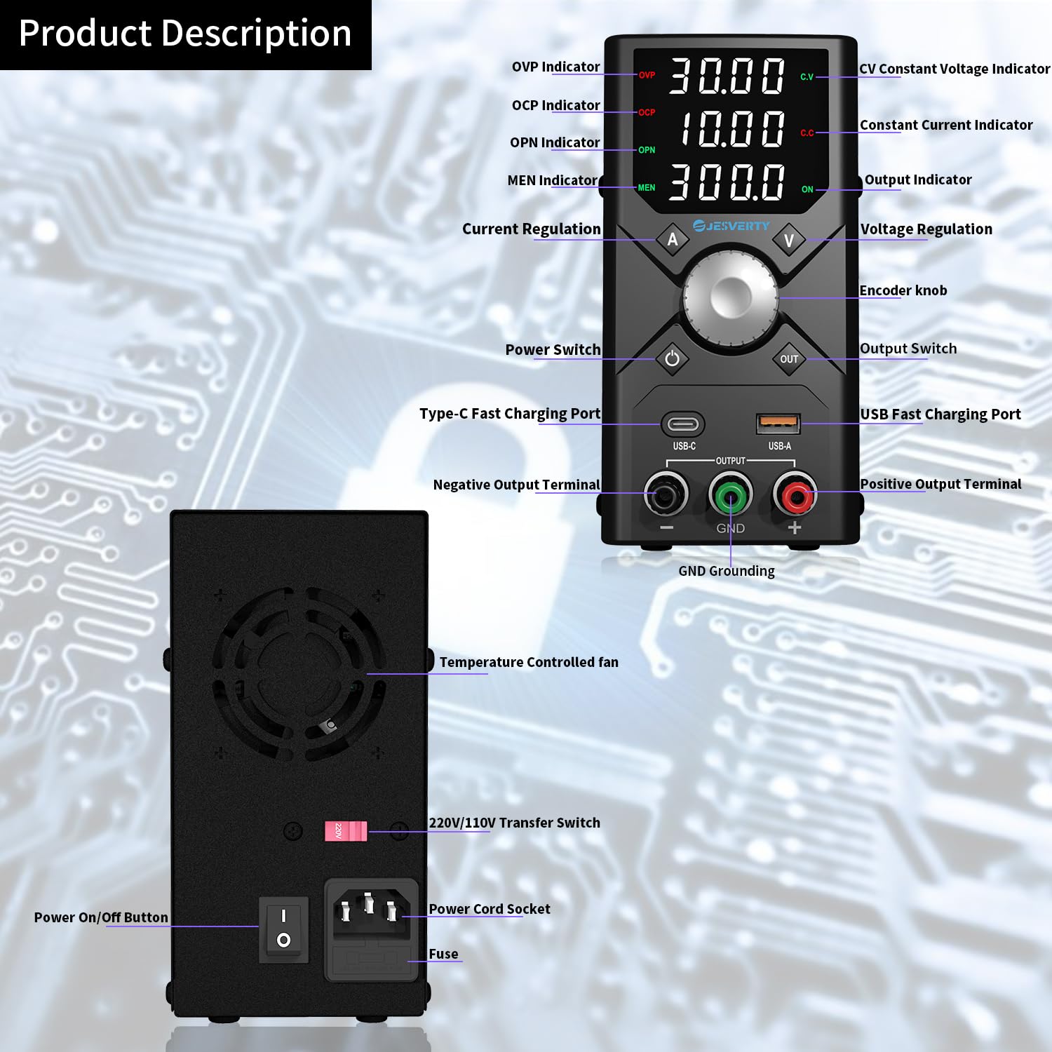 Jesverty DC Power Supply Variable, 0-60V 0-5A Adjustable Switching DC Regulated Bench Power Supply with 20W USB & Type-C Quick-Charge, Encoder Knob, 4-Digit LED Display, Preset Memory - SPS-6005X