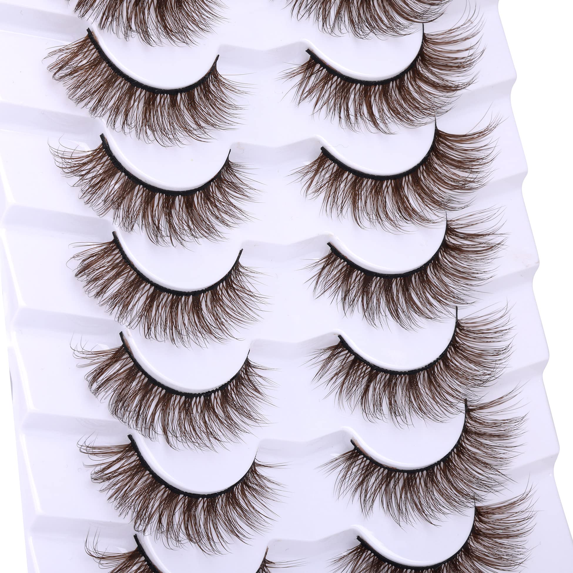 ALPHONSE Brown Lashes Strip, Dark Brown Colored False Lashes Extensions, Natural Look Short Wispy D Curl Brown Eyelashes 7 Pairs Pack