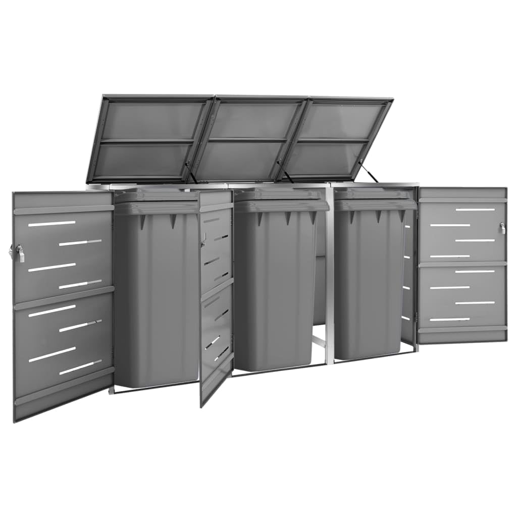 vidaXL Triple Wheelie Bin Shed - Stainless Steel Frame, Outside Bin Storage - Anthracite Colored, Galvanized Steel Panel, Spacious, Anti-Rust, Lockable
