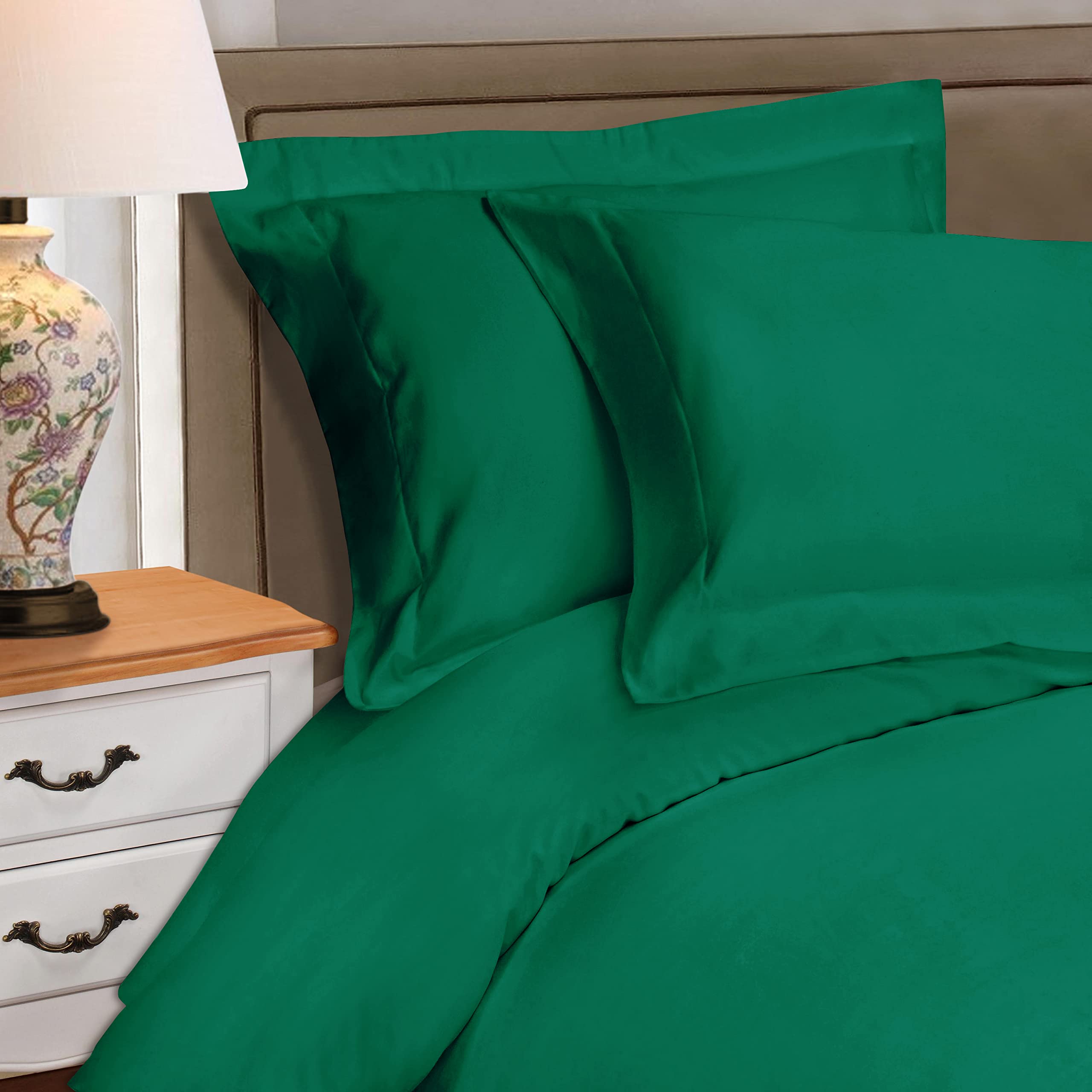 Superior Egyptian Cotton 530 Thread Count Duvet Cover Set, Soft Bedding Covers, 1 Duvet Cover with Button Closure, 2 Pillow Shams, Luxury, Plush, Hotel, Home Collection, Full/Queen Size, Green