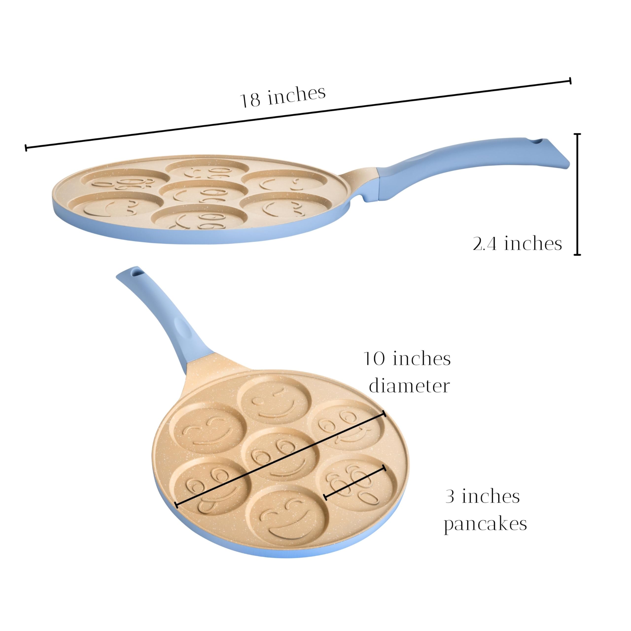 Erreke Nonstick Pancake Pan, 7 Smiley Face Pancake Griddle, Soft Touch Handle Fun Breakfast for Kids, 10.2 in Crepe Pan for Gas Stoves (Blue Color)