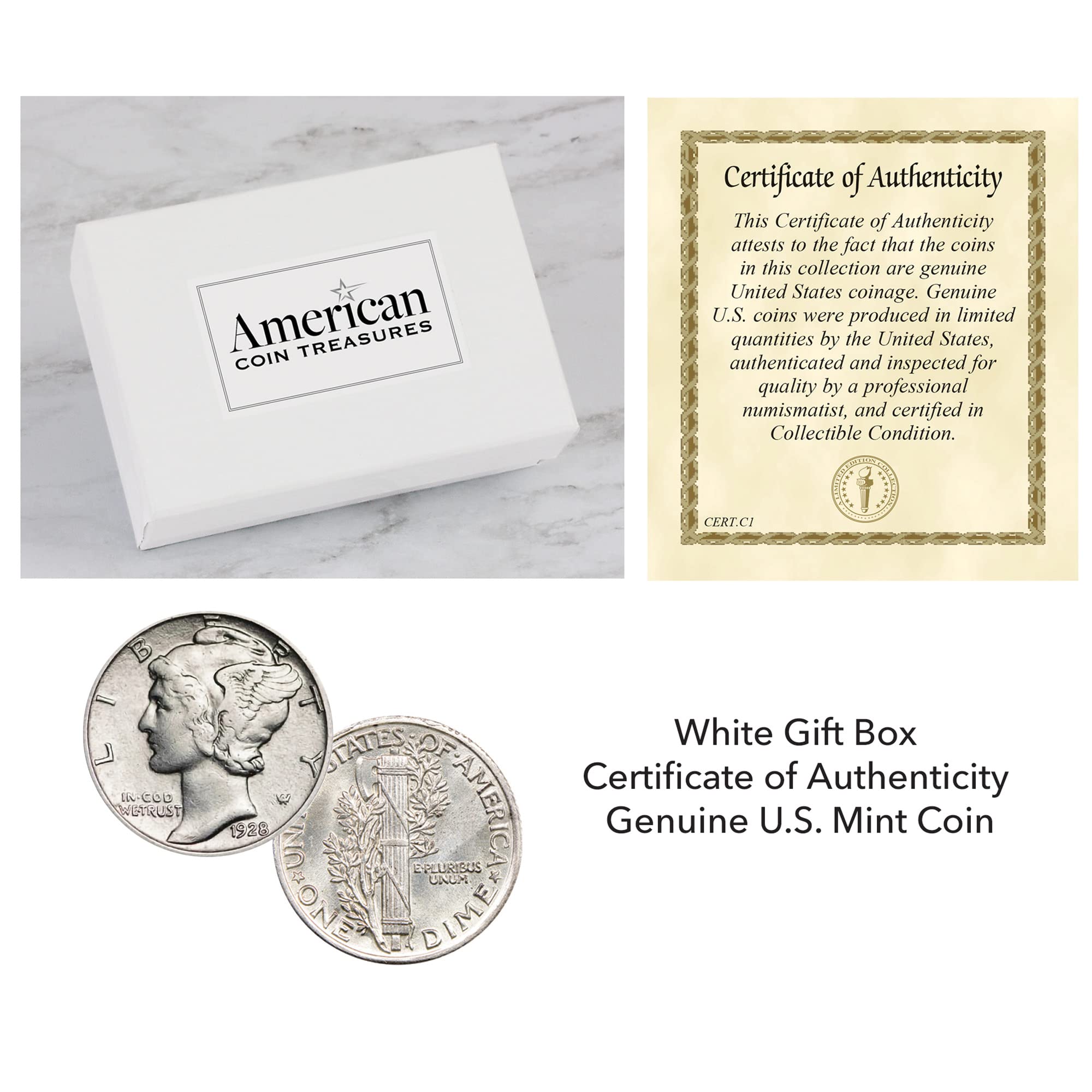 American Coin Treasures Coin Pendant Mercury Dime Wing Stainless Steel With 23 inch S-Curb Chain Necklace