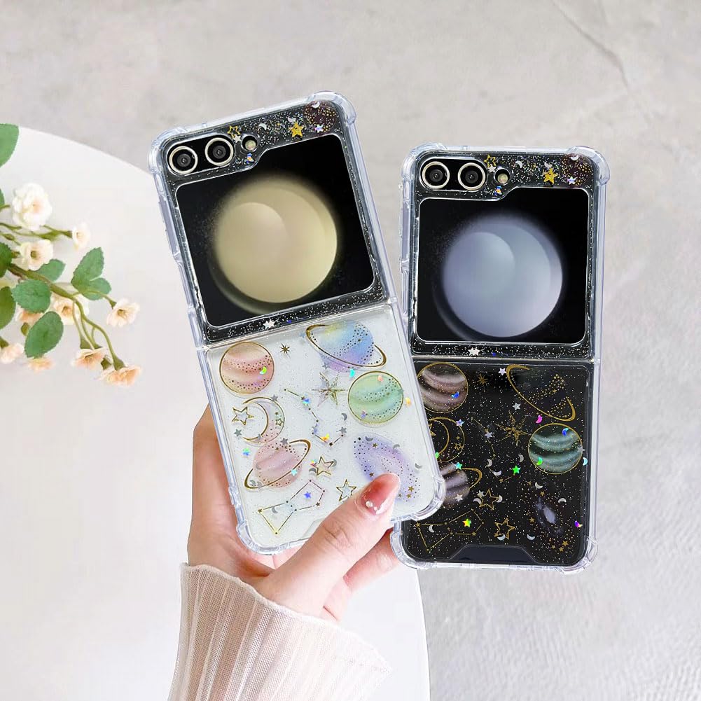 Abbery for Samsung Z Flip 5 5G Case Space Theme Clear with Design Bling Glitter Sparkly Stars and Moon Planet Durable Shockproof Transparent Universe Phone Protective Cover Women Girls Z5 Flip