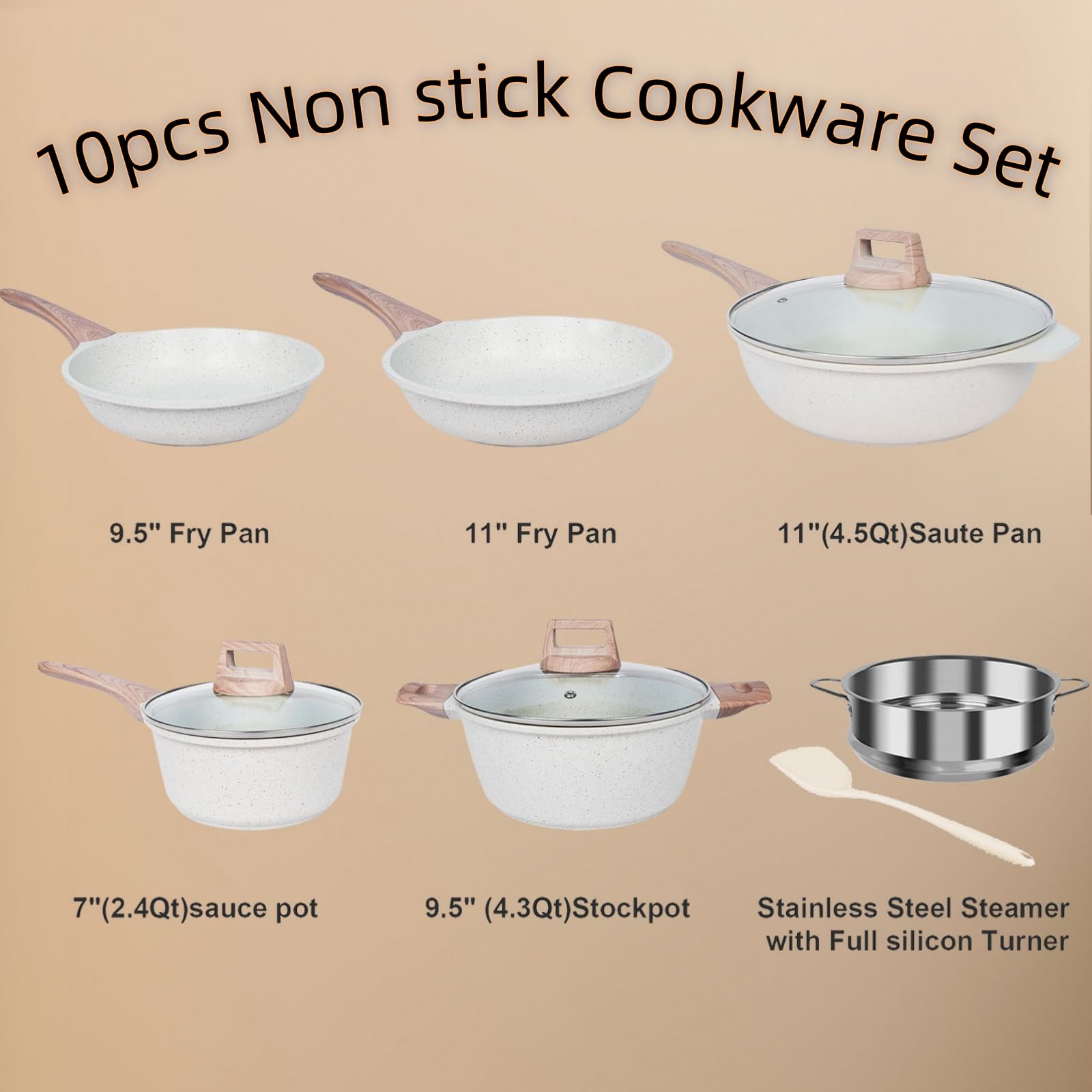 Ucclife 10pcs Pots and Pans Set Nonstick, Granite Frying Pans Induction Kitchen Cookware Sets, with Wood Print Handles Frying Pans, Saucepans, Steamer Shovel Spoon, Beige