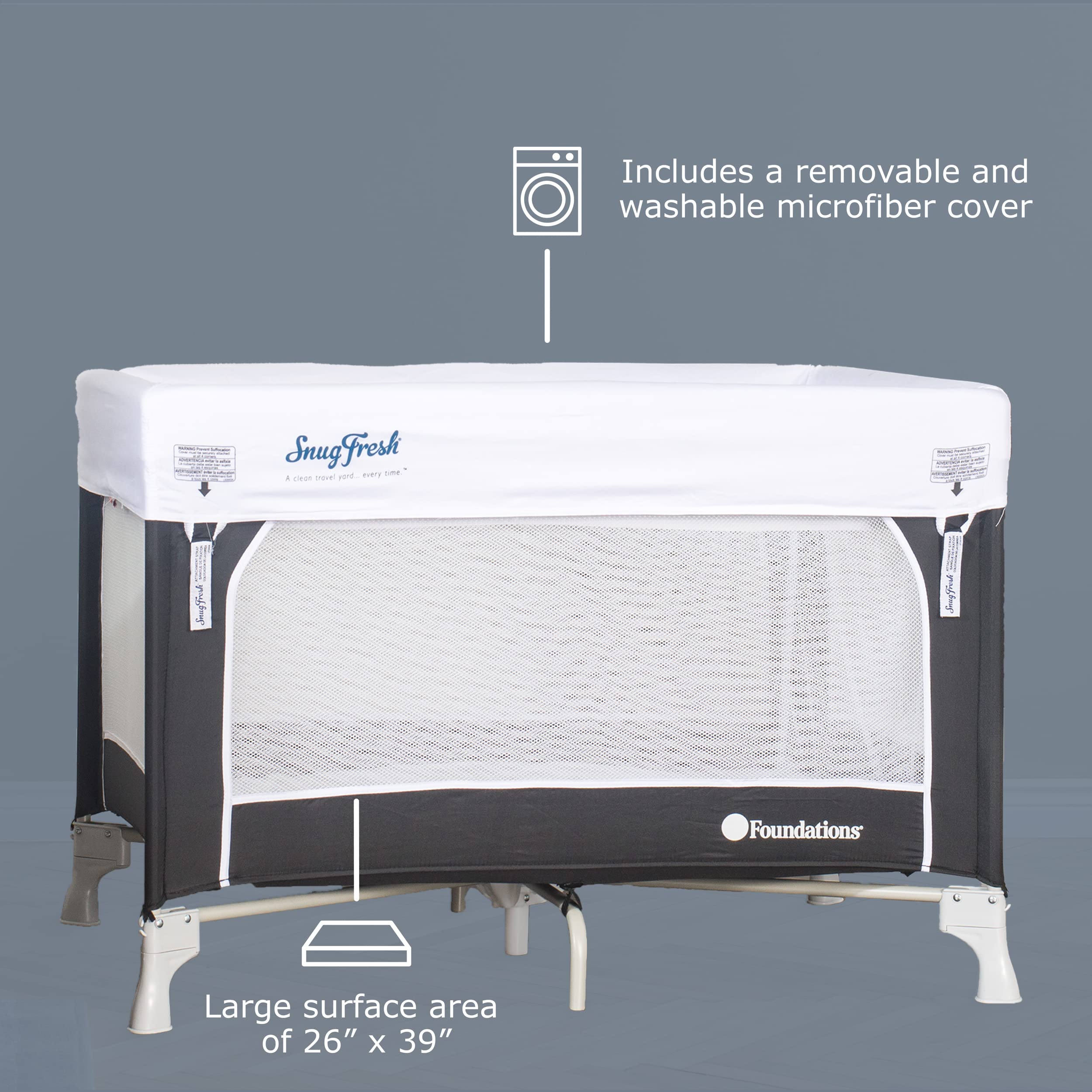 Foundations SnugFresh Celebrity Portable Play Yard, Baby Travel Crib with Machine Washable Sheet Cover, Foam Mattress, Graphite