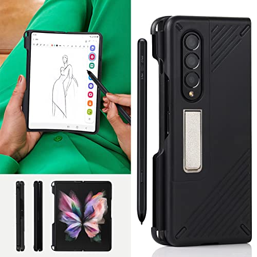 Cavor Designed for Samsung Galaxy Z Fold 3 Case with S Pen Holder and Magnetic Kickstand Feature,Full Body Protective Anti-Scratch Anti-Drop Wear-Resistant PC Material Hard Flip Cover- Black