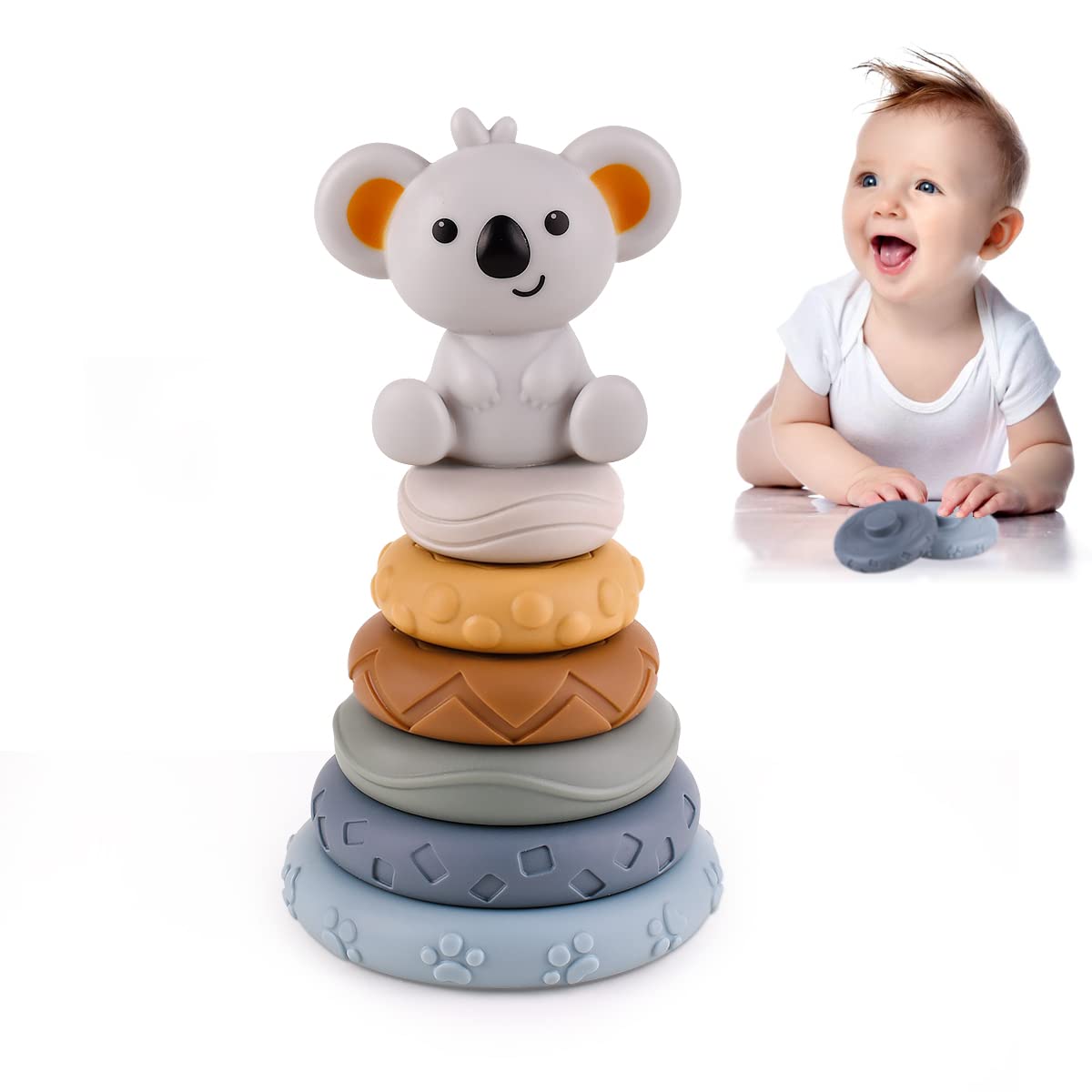 KOESMG 7 PCS Stacking Nesting Circle Toy, Soft Squeeze Building Blocks Sensory Toys, Early Learning Color & Pattern Montessori Toys for 6 8 12 Months Toddlers