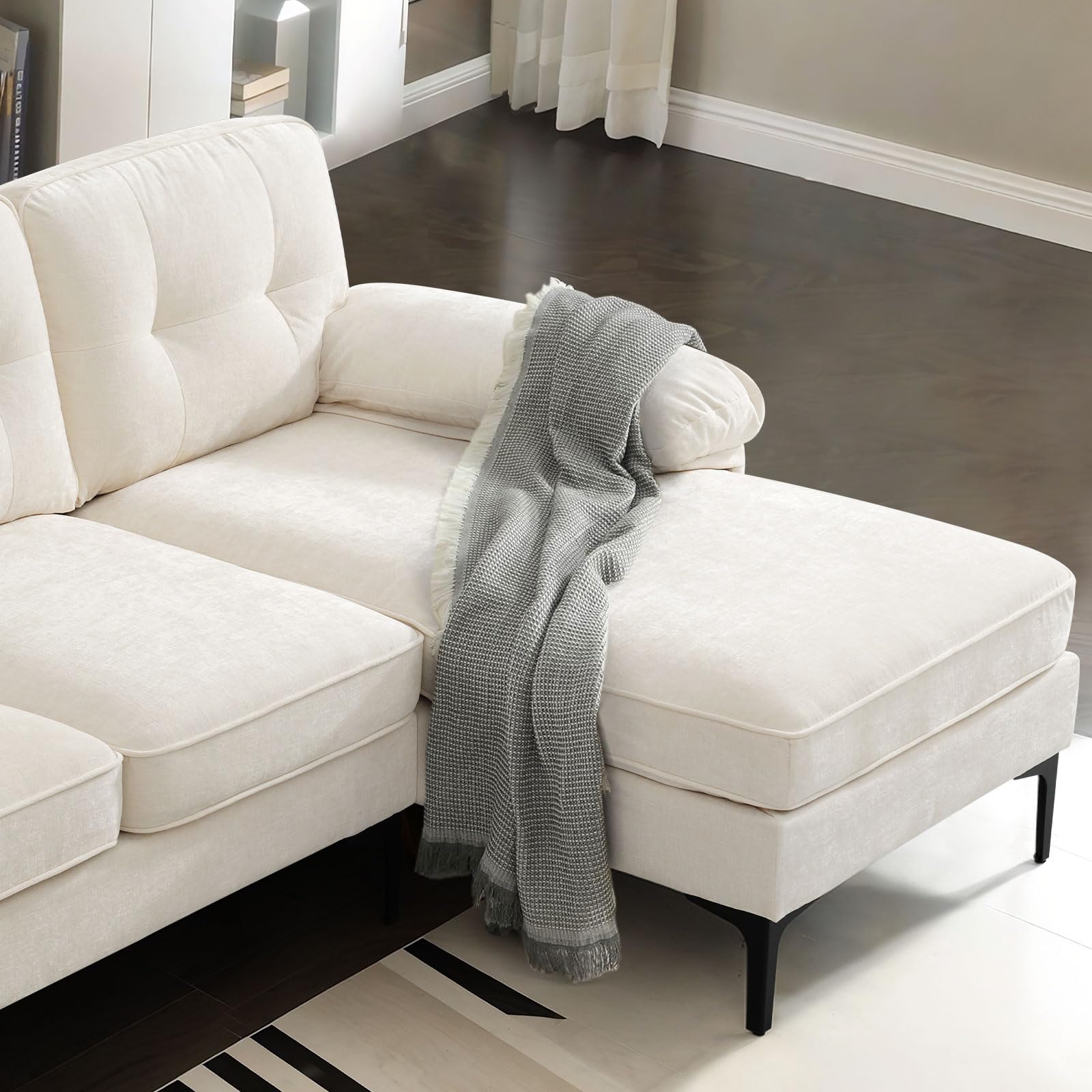 82" White Sectional Couch w/Chaise, Chenille Cream Convertible L Shaped Sofa Couch, Mid-Modern Century 3 seat Pet-Friendly Couch for Living Room, Apartment, Office with Removable & Washable Cushions