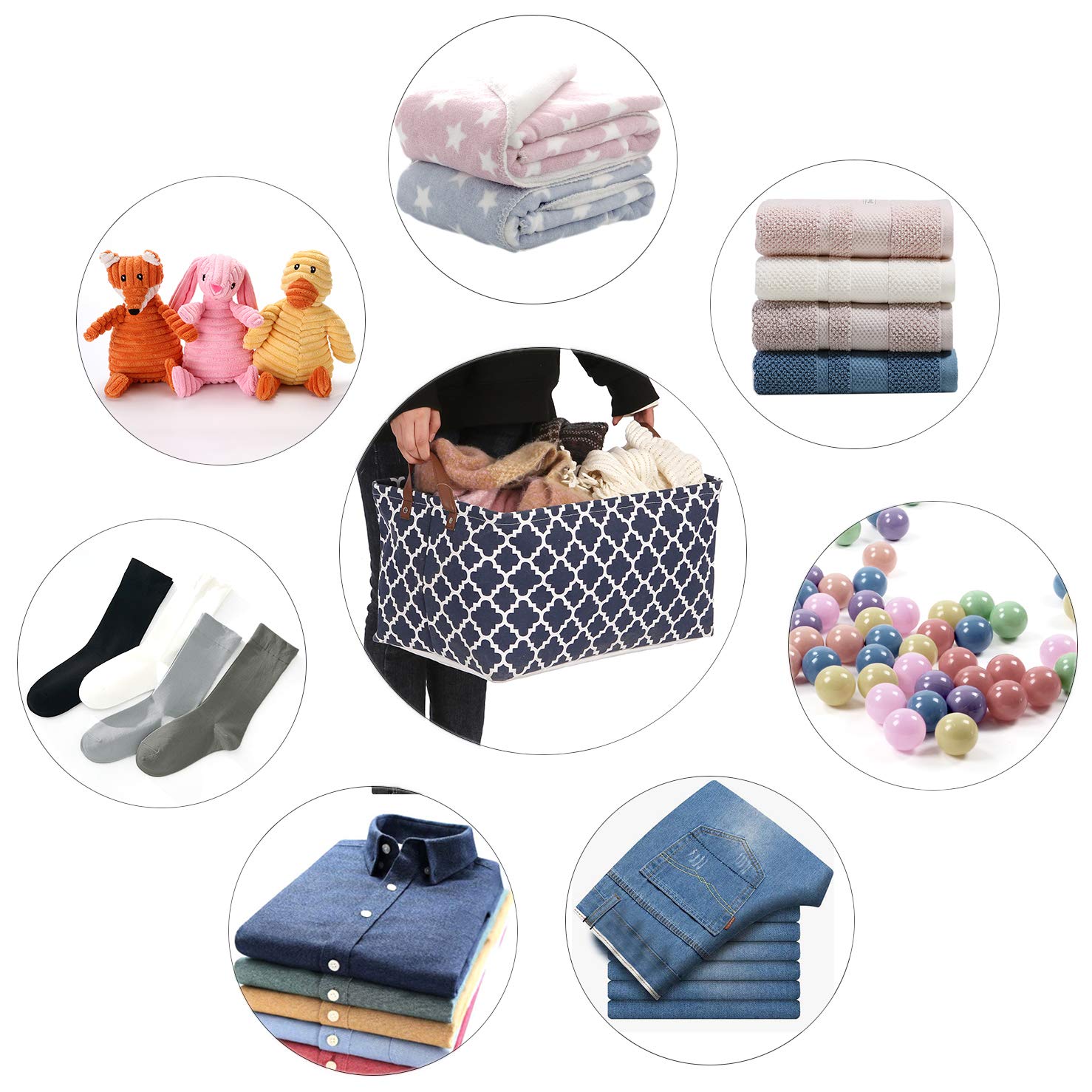 Sea Team Moroccan Lattice Pattern Canvas Fabric Storage Basket Collapsible Geometric Design Storage Bin with Drawstring Cover and PU Leather Handles, 16.5 by 11.8 inches, Waterproof Inner, Dark Blue