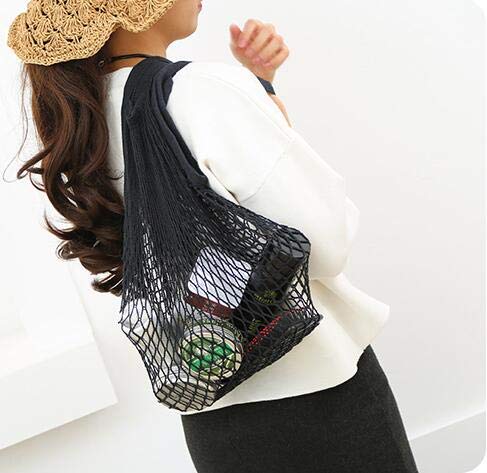 6 Pack Portable,Reusable,Reusable Produce Bags,Washable Cotton Mesh String Organic Organizer Shopping Handbag Long Handle Net Tote (grey blue,Black,Beige,Pink,Purple,Yellow)